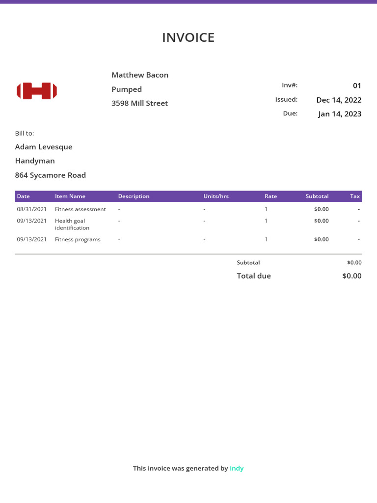 Personal Trainer Invoice Template | PDF