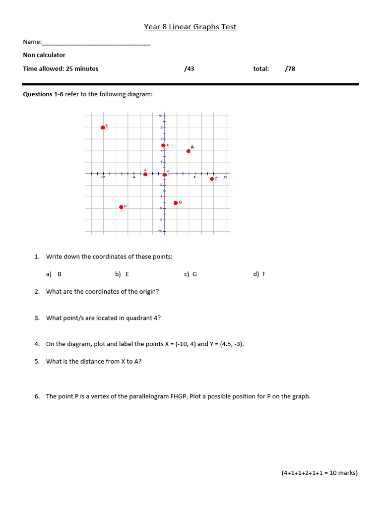Yr 8 Linear Graphs Test Non Calc 20171 | PDF