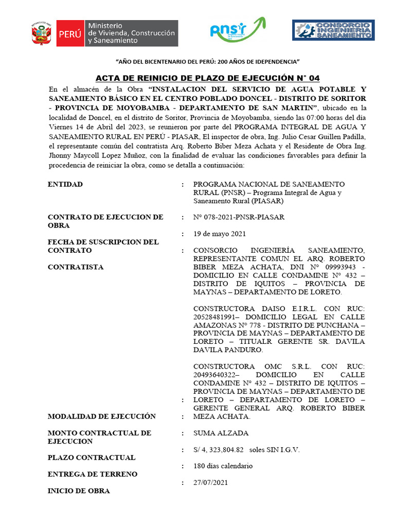 Modelo de Acta de Reinicio de Obra | PDF