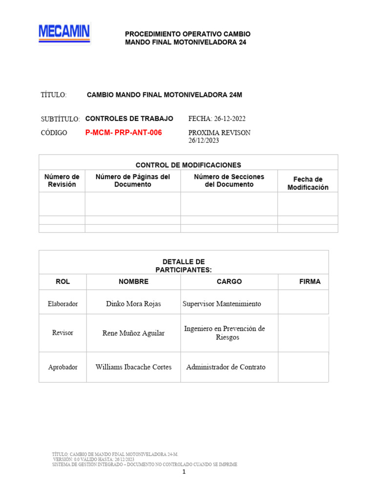 PTS-MCM-OP-006 Procedimiento Cambio Mando Final 24M | PDF | Presión | Líquidos