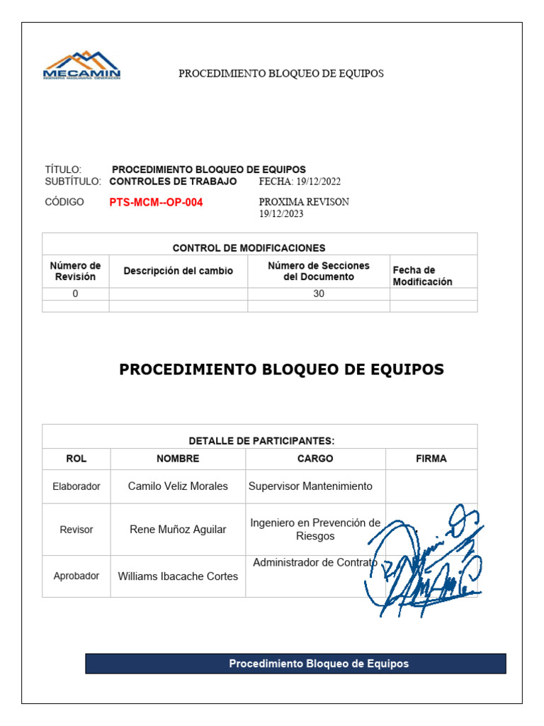 PTS-MCM-OP-001 Procedimiento Bloqueo de Equipos | PDF | Minería ... PTS-MCM-OP-001 Procedimiento Bloqueo de Equipos | PDF | Minería ...