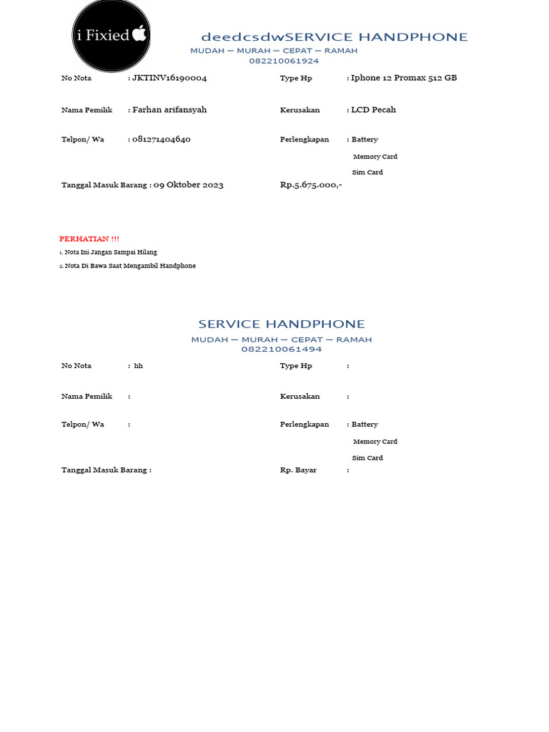 Nota Service Handphone 2023 | PDF