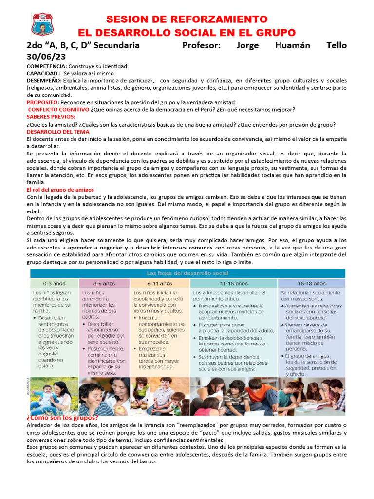 TEMA 1 DPCC 2do SECUNDARIA El Desarrollo Social en El Grupo SESION DE REFORZAMIENTO | PDF