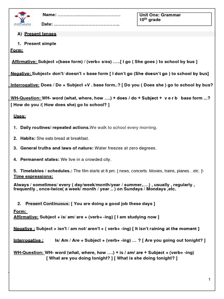 Grammar Unit1 10th Grade 2023-2024 | PDF