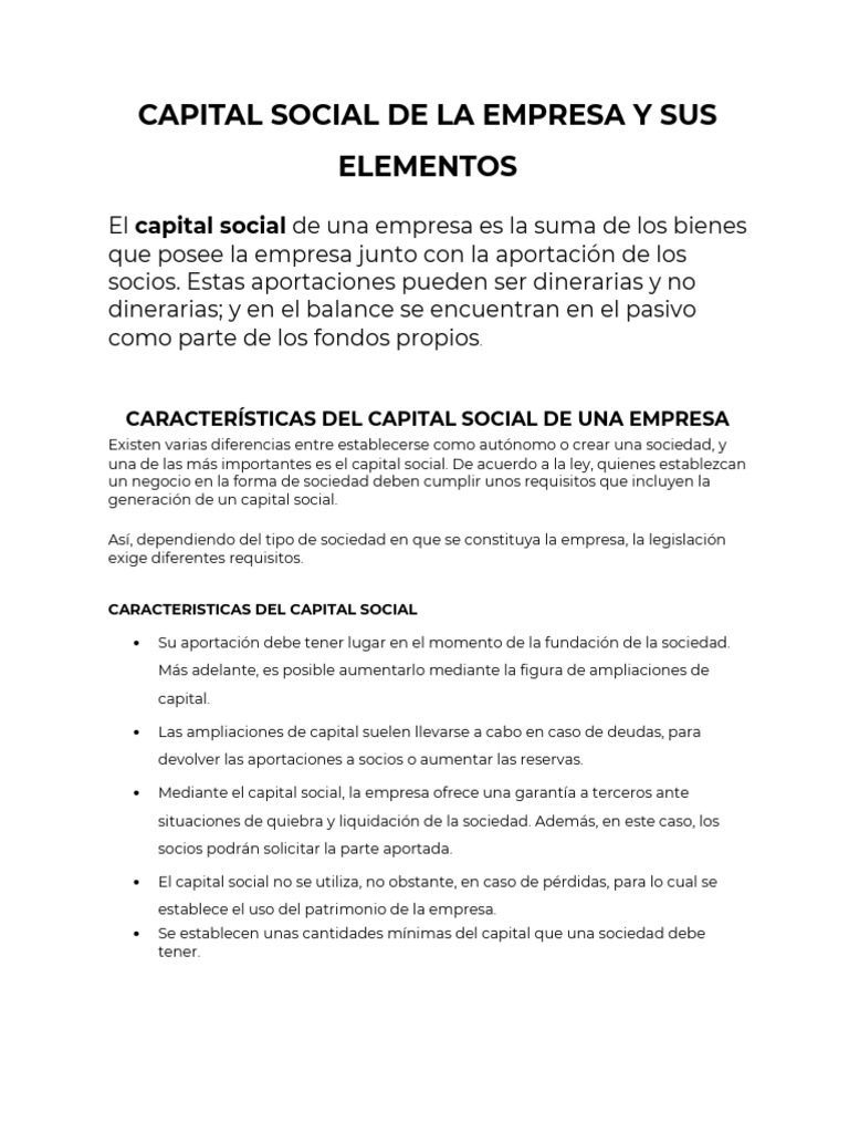 Capital Social de La Empresa y Sus Elementos | PDF | Valor neto | Business