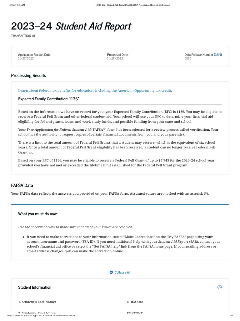 2023-2024 Student Aid Report Print - FAFSA Application - Federal ...