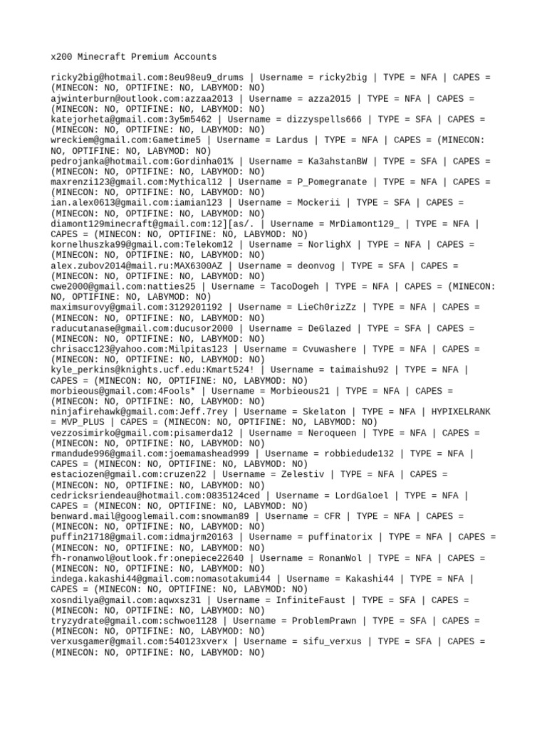 x200 Minecraft Premium Accounts 6 1 | PDF