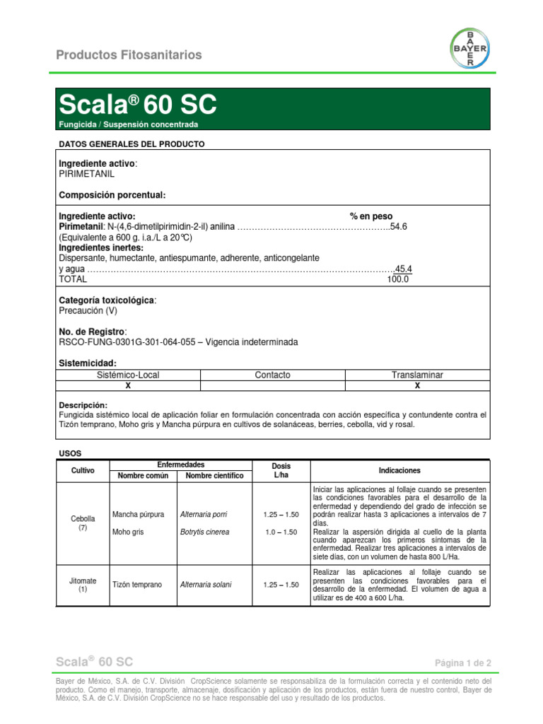 Ficha Técnica Scala 60 SC Bayer (México) | PDF