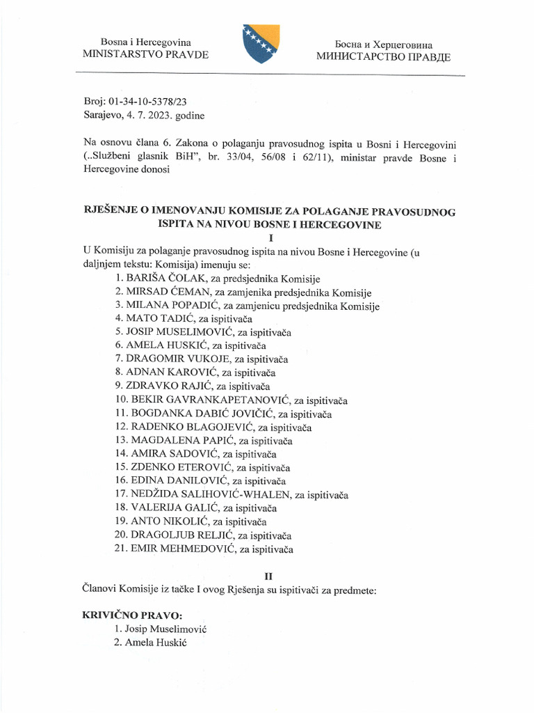 Rješenje o imenovanju Povjerenstva za pravosudni ispit 2023. bos | PDF