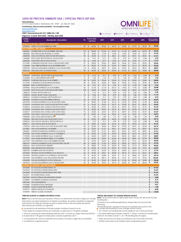 OMNILIFE Price List Greensboro | PDF