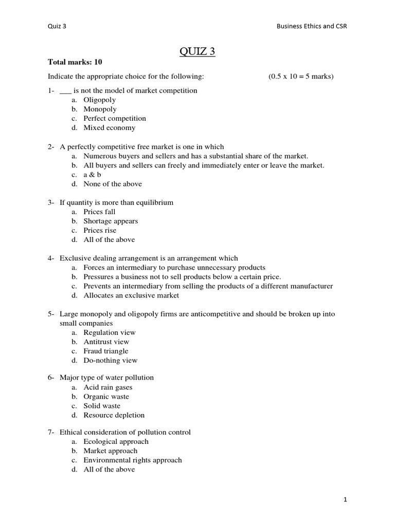 Business Ethics Quiz on Market Competition | PDF | Computers