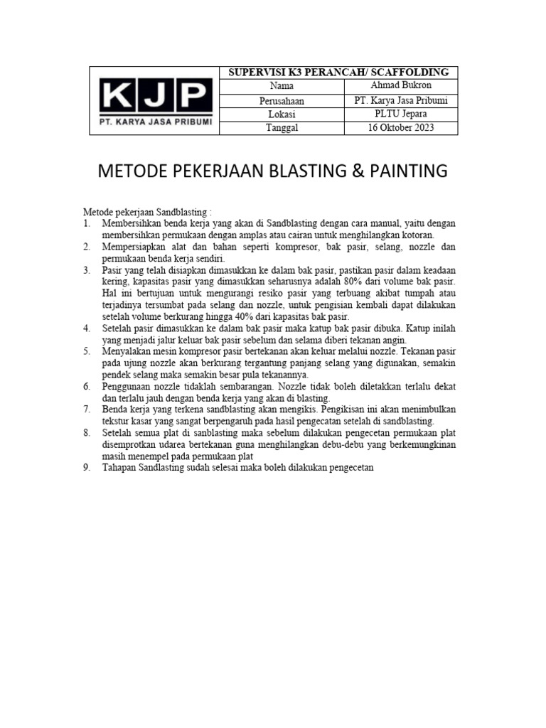 Metode Pekerjaan Blasting & Painting | PDF