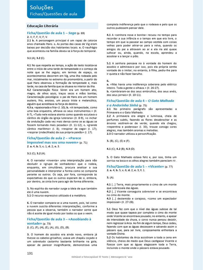 Soluções - Fichas/Questões de Aula (Educação Literária) | PDF