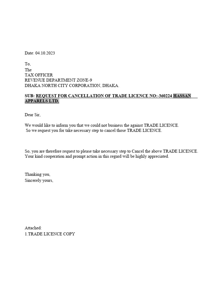 Trade Licence Cancellation Request | PDF