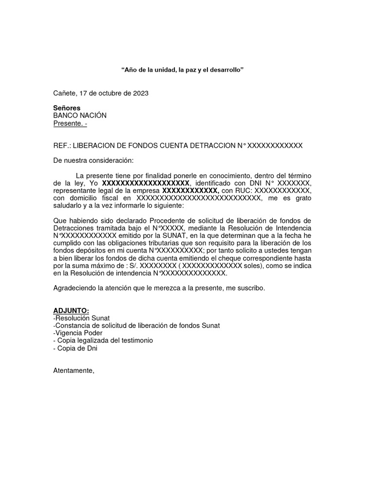 Carta Banco Nacion Liberacion de Fondos de Detraccion1 | PDF