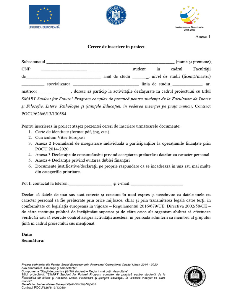 Anexa 1 Cerere Inscriere Proiect | PDF