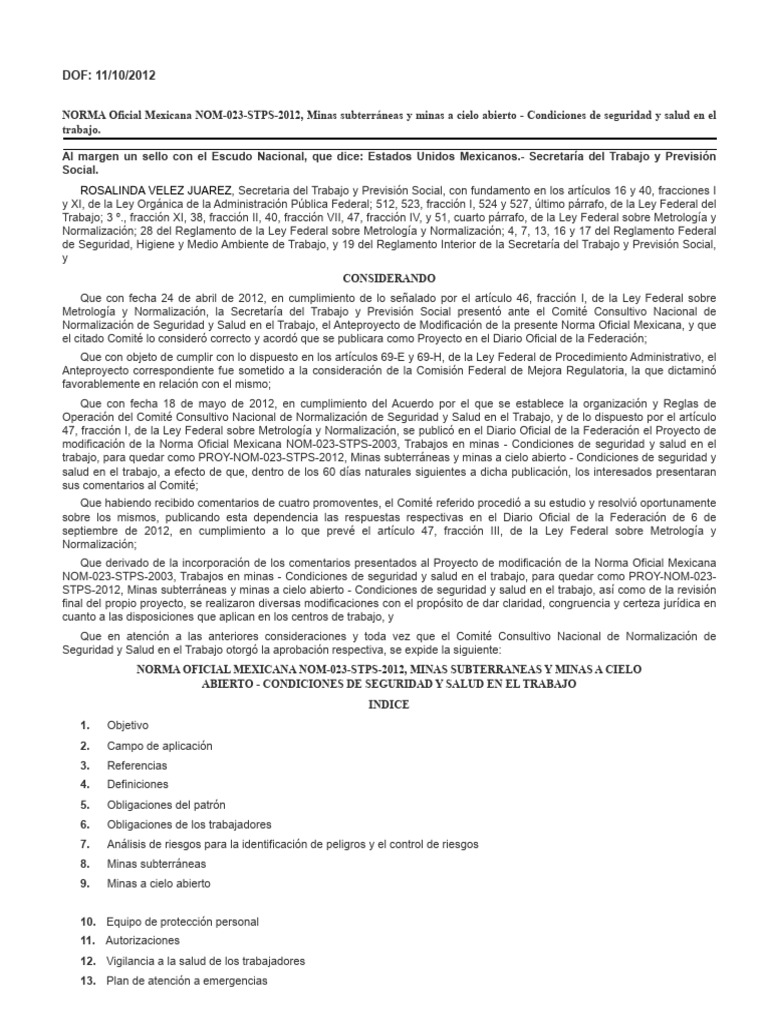 NOM-023-STPS-2012, Minas Subterráneas y Minas A Cielo Abierto | PDF