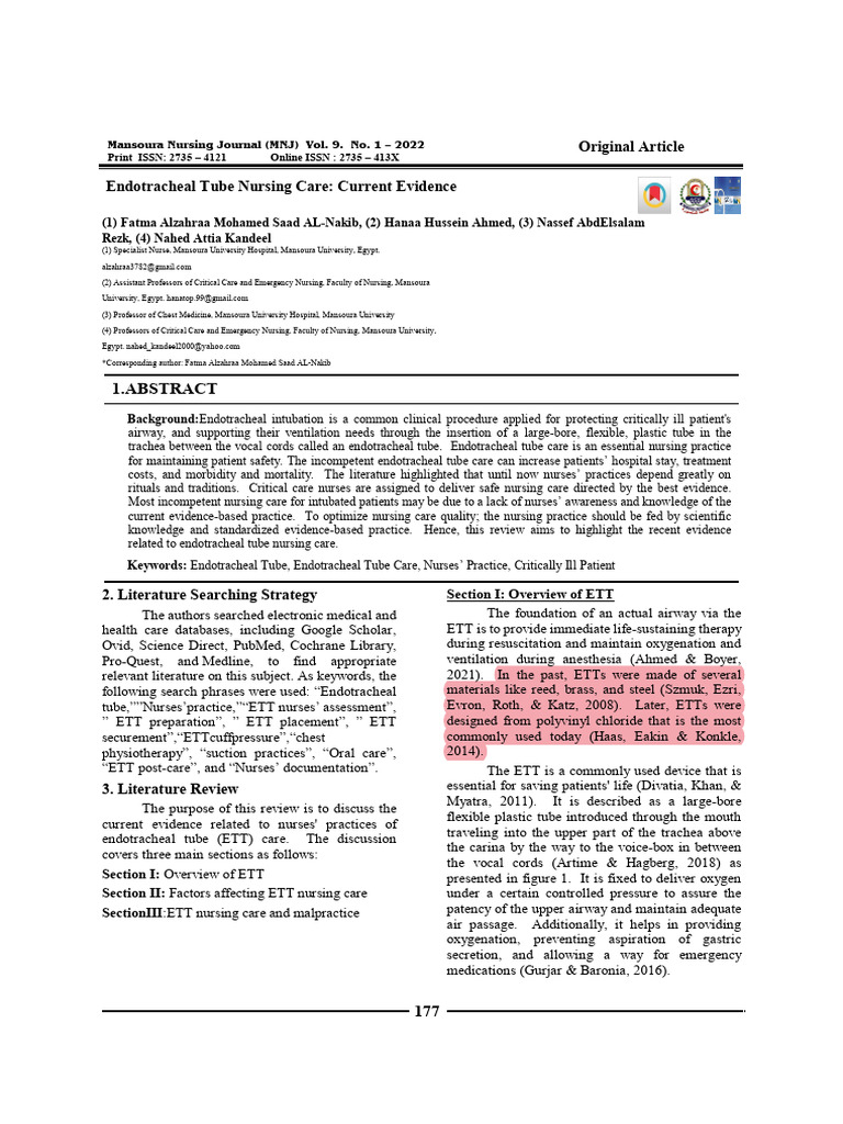 Endotracheal Tube Nursing Care Current Evidence | PDF
