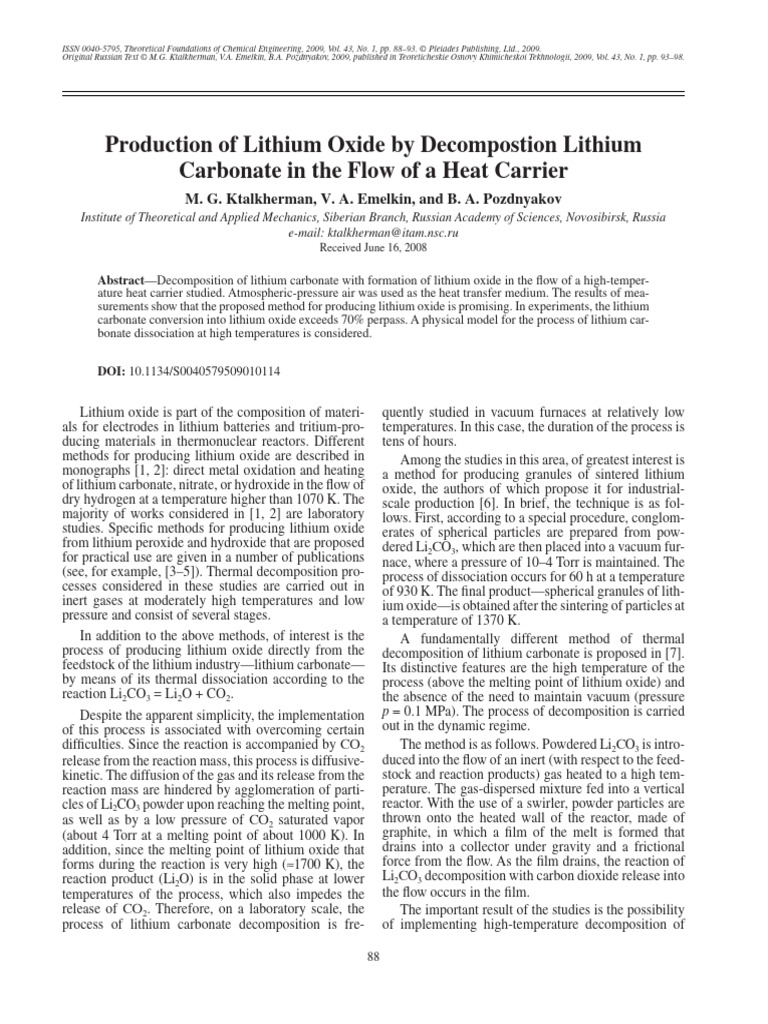 Production of Lithium Oxide by Decomposition Lithium Carbonate in The ...
