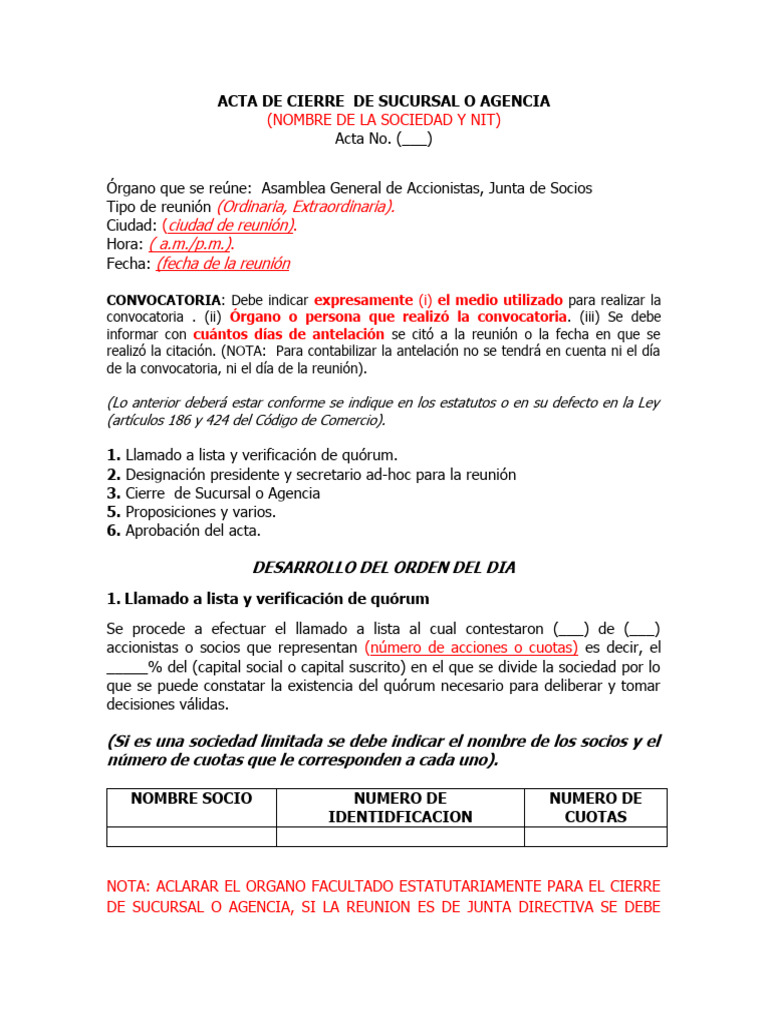 Acta de Cierre de Sucursal o Agencia | PDF