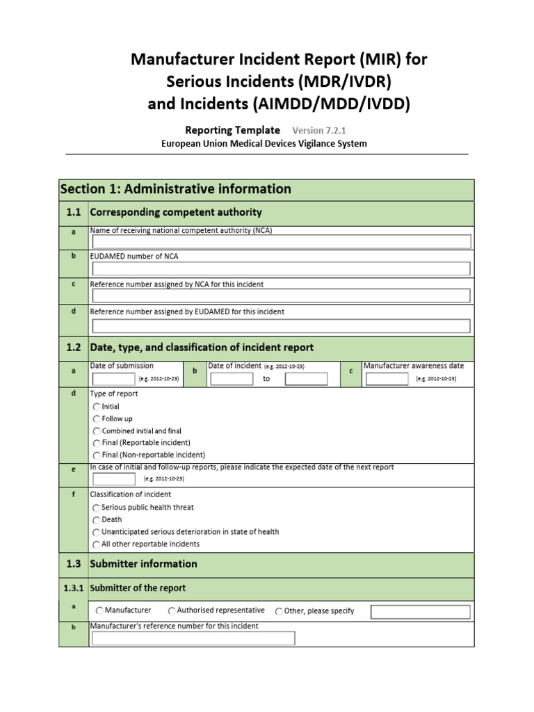 Manufacturer Incident Report (MIR) For Serious Incidents (MDR/IVDR) and ...