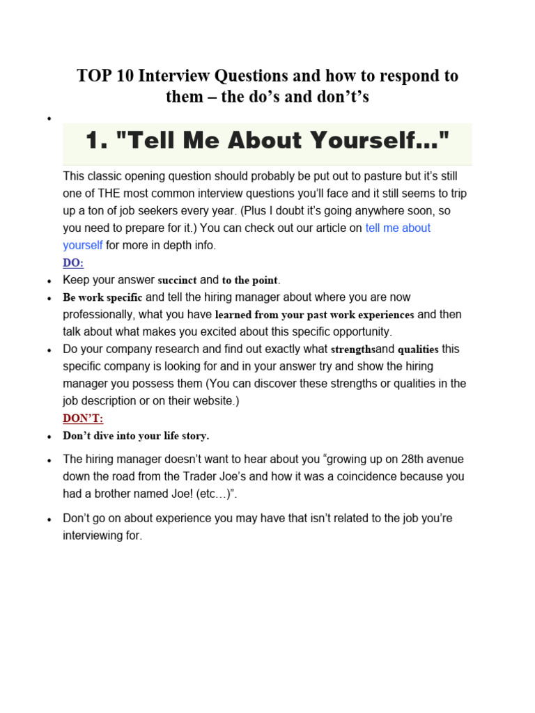 TOP 10 Interview Questions and How To Respond To Them | PDF