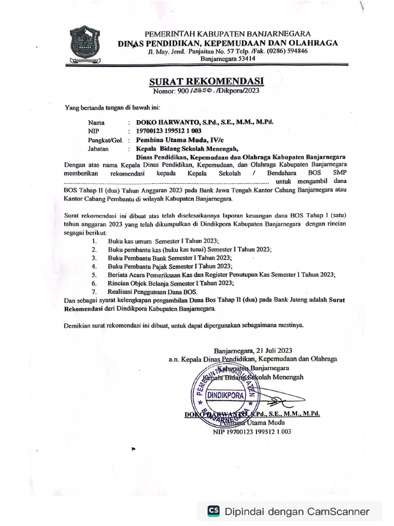 Surat Rekomendasi Dinas Untuk BOS | PDF