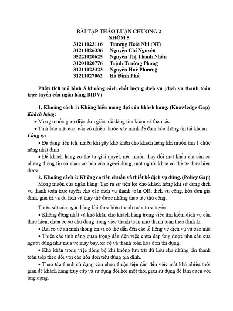 NHÓM 5 - QTDV - BÀI TẬP THẢO LUẬN CHƯƠNG 2 | PDF