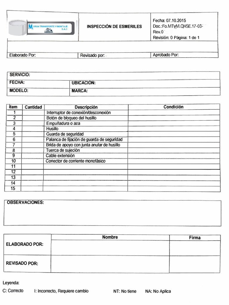 Fo - MTyM.QHSE.17-03-Rev.0 Inspección de Esmeril | PDF Fo - MTyM.QHSE.17-03-Rev.0 Inspección de Esmeril | PDF