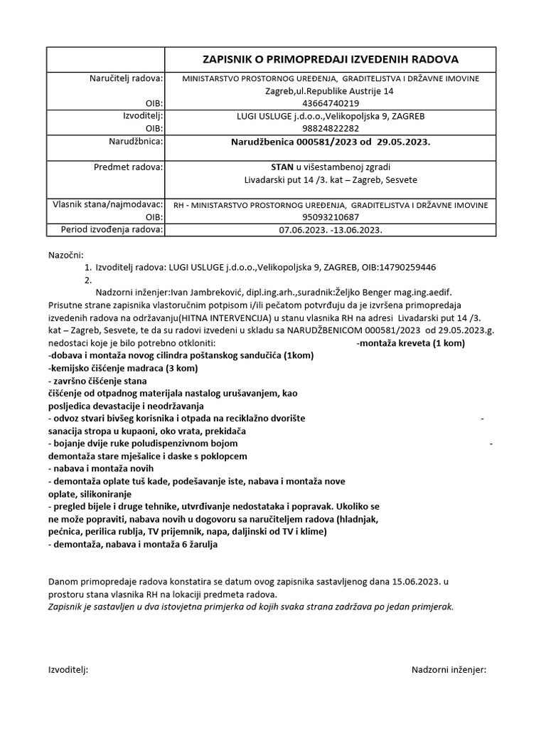 ZAPISNIK O PRIMOPREDAJI - Livadarski Put 14 3. - Kat - Zagreb, Sesvete ...