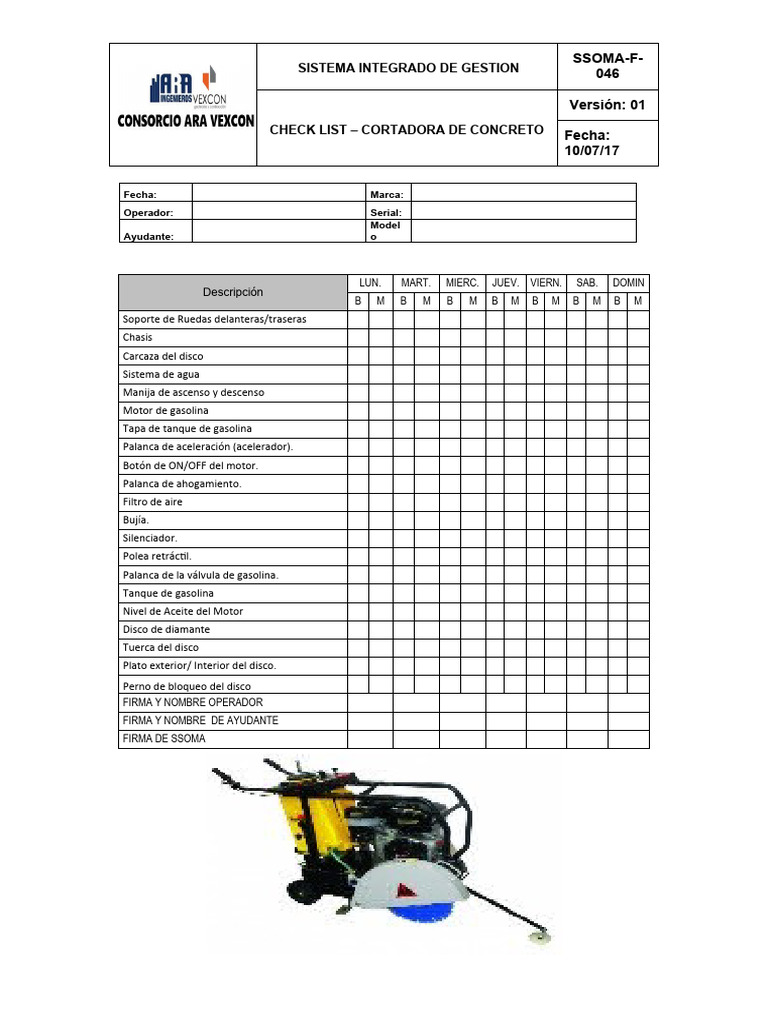 SSOMA-F-046 Check List Cortadora de Concreto | PDF