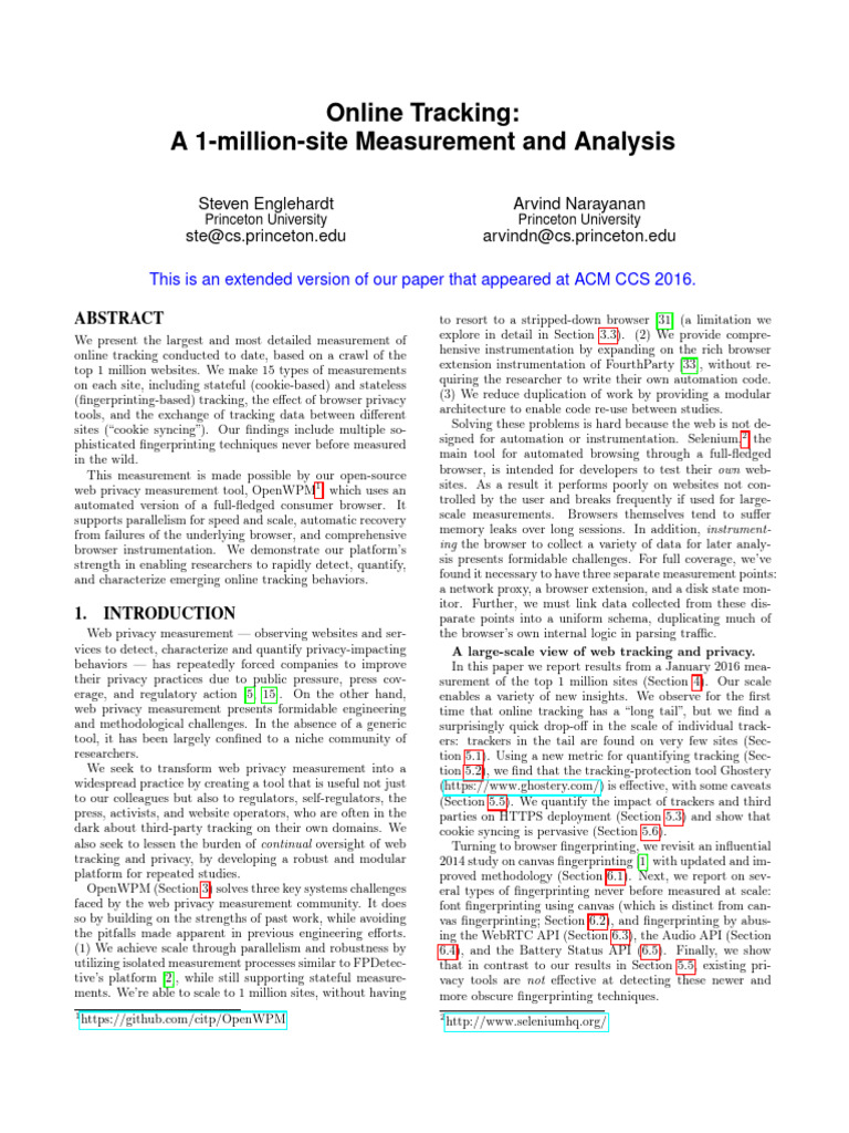 OpenWPM_1_million_site_tracking_measurement | PDF | Http Cookie | World Wide Web