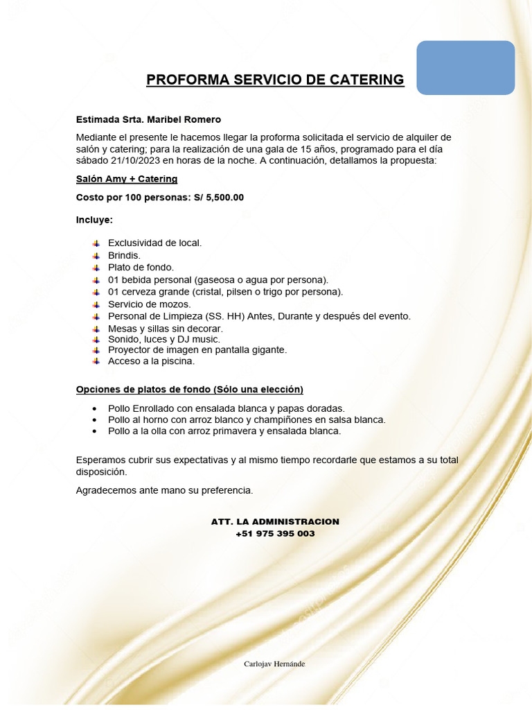 Proforma Catering y Salon Amy - Maribel Romero | PDF