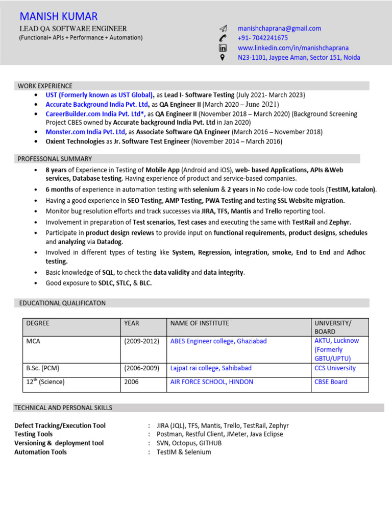Manish Kumar Resume | PDF | Software Testing | Application Software