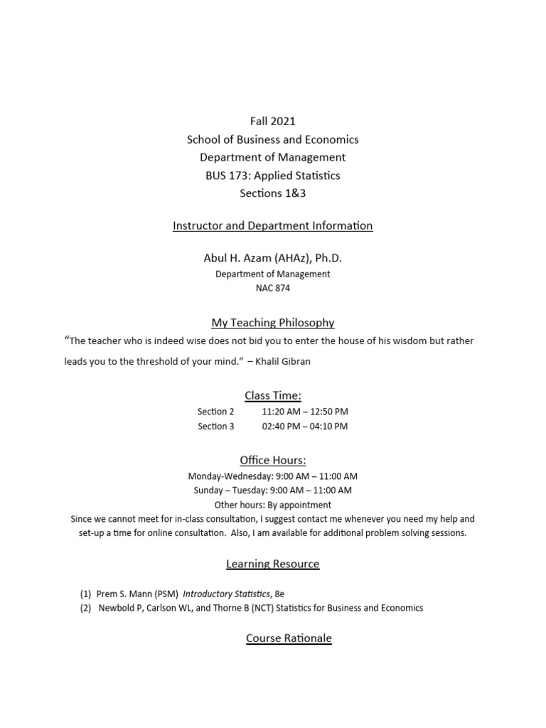 Course Outline - BUS 173 - Applied Statistics - NSU | PDF | Statistics ...