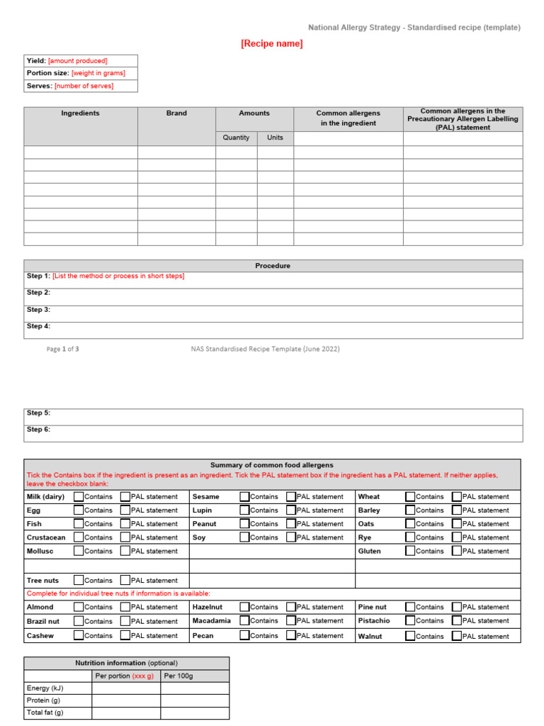 NAS Standardised Recipe TEMPLATE June 2022 | PDF | Food Allergy | Nut ...