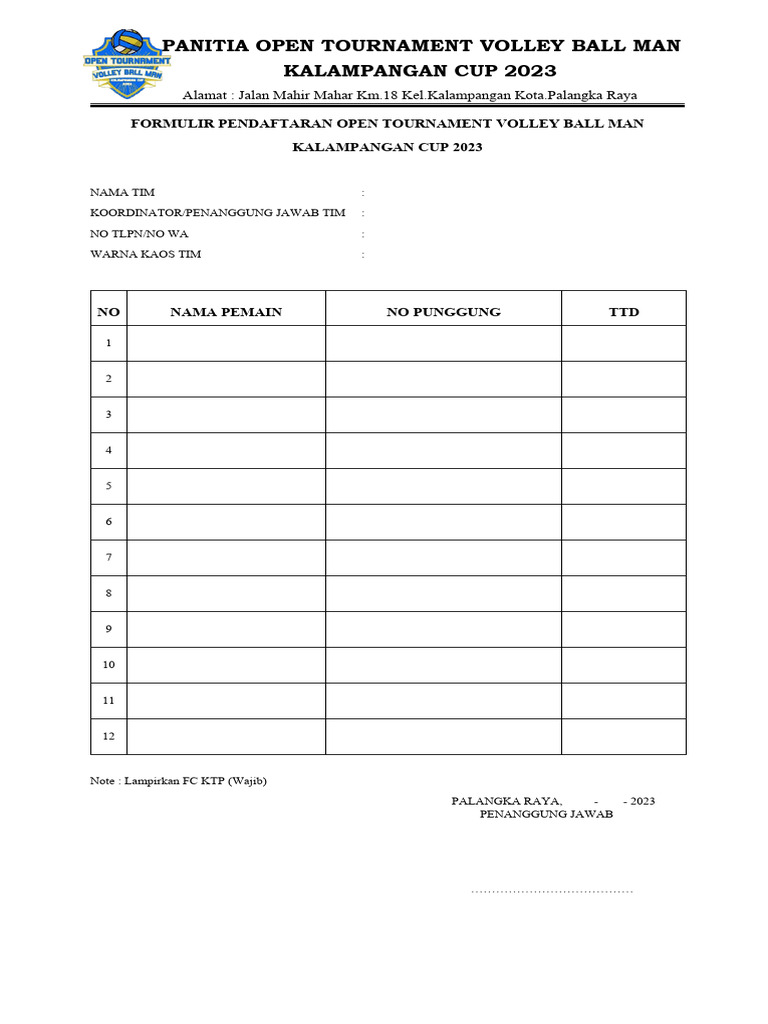 Formulir Daftar Nama Pemain Open Tournament Volley Ball Man | PDF