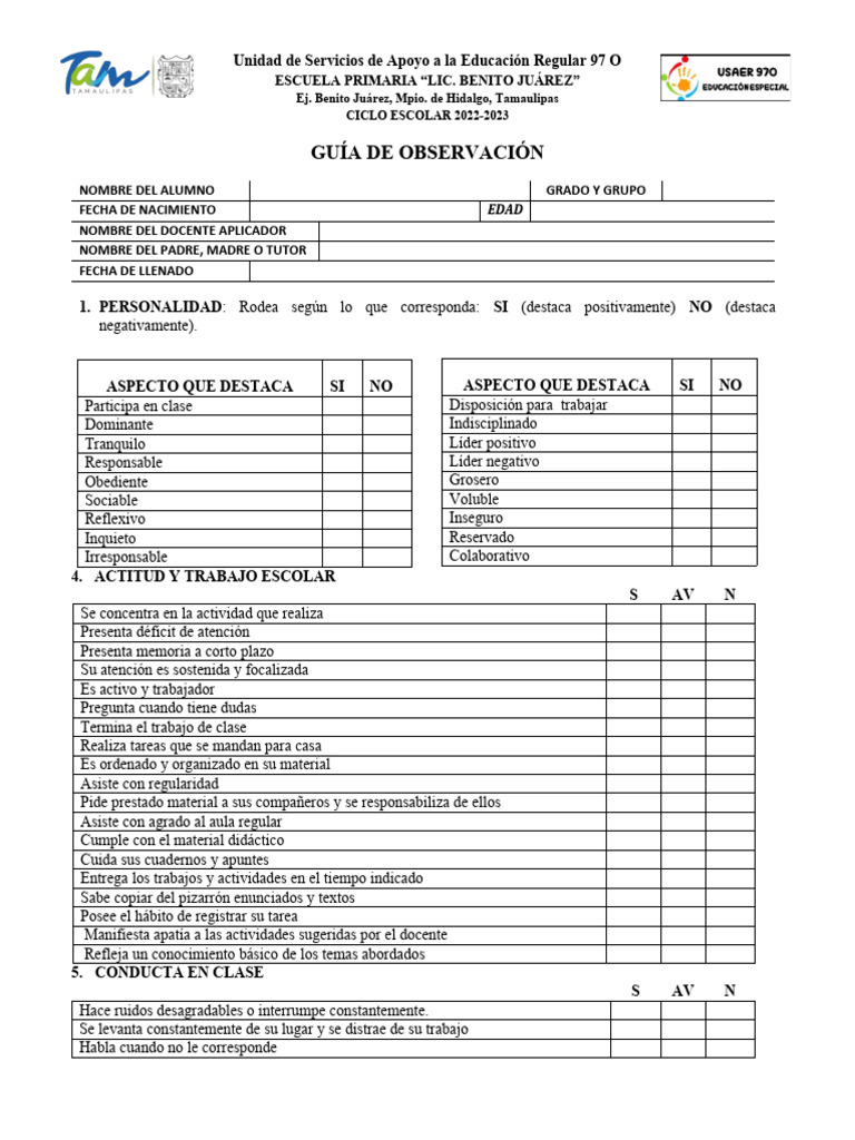 ALUMNOS CON DIAGNOSTICO Guia de Observacion Del Alumno | PDF | Maestros ...