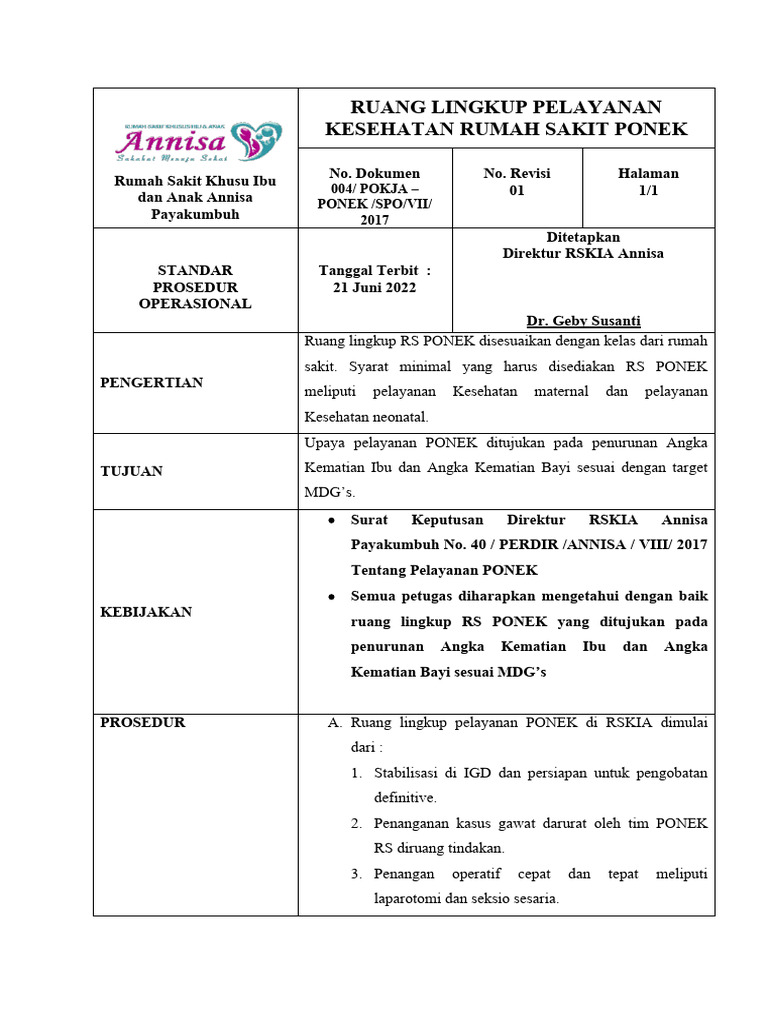 004 - Ponek - Spo Ruang Lingkup Pelayanan Kesehatan Rumah Sakit Ponek | PDF