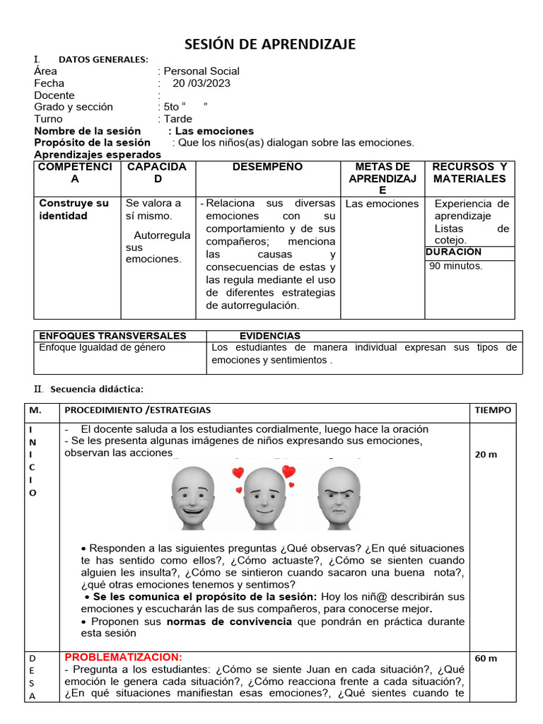 Sesión de Aprendizaje Personal Social 20-03-2023 | PDF | Las emociones ...