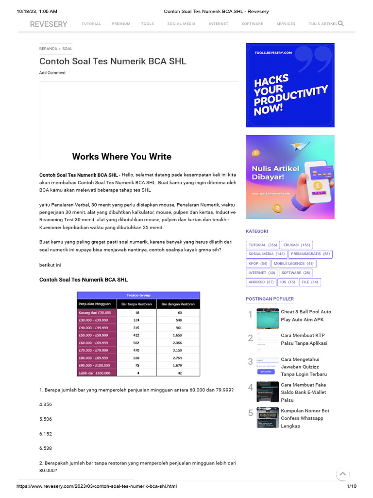 Contoh Soal Tes Numerik BCA SHL - Revesery | PDF