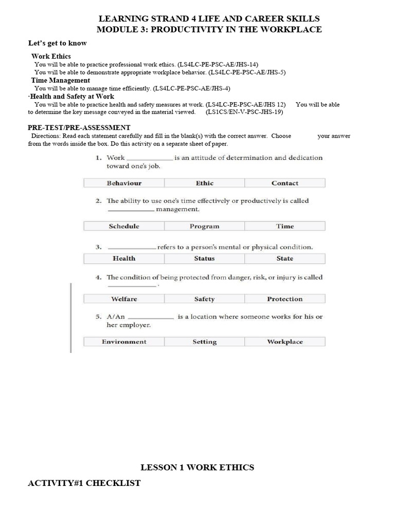 Byob LS4 Module 3 Productivity in The Workplace 1 | PDF | Occupational Safety And Health | Goal
