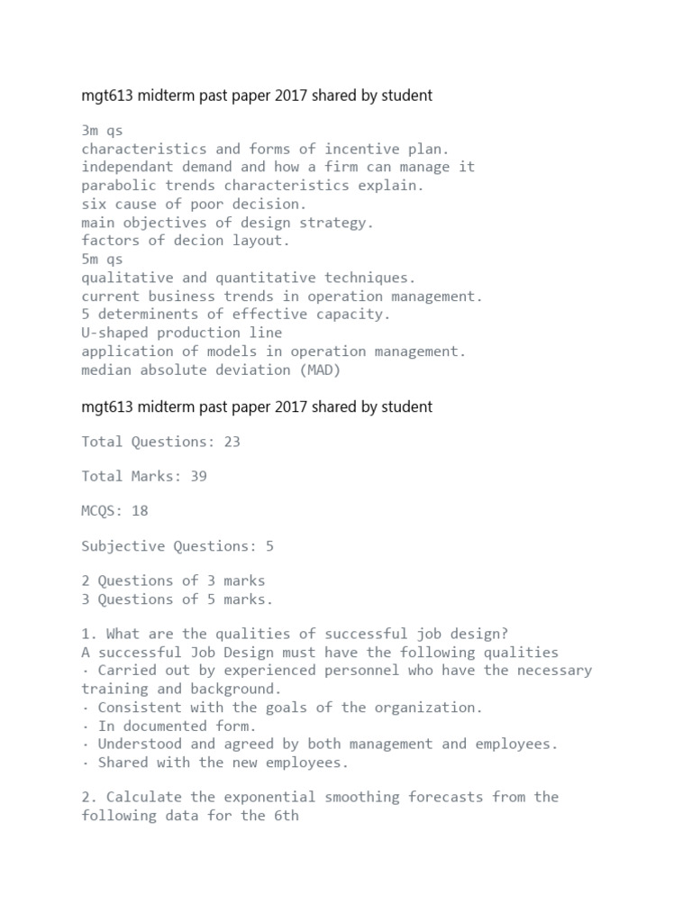 MGT613 Midterm Past Paper Insights | PDF | Forecasting | Business