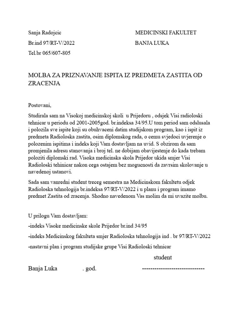 Sanja Radojcic Medicinski Fakultet Molba | PDF