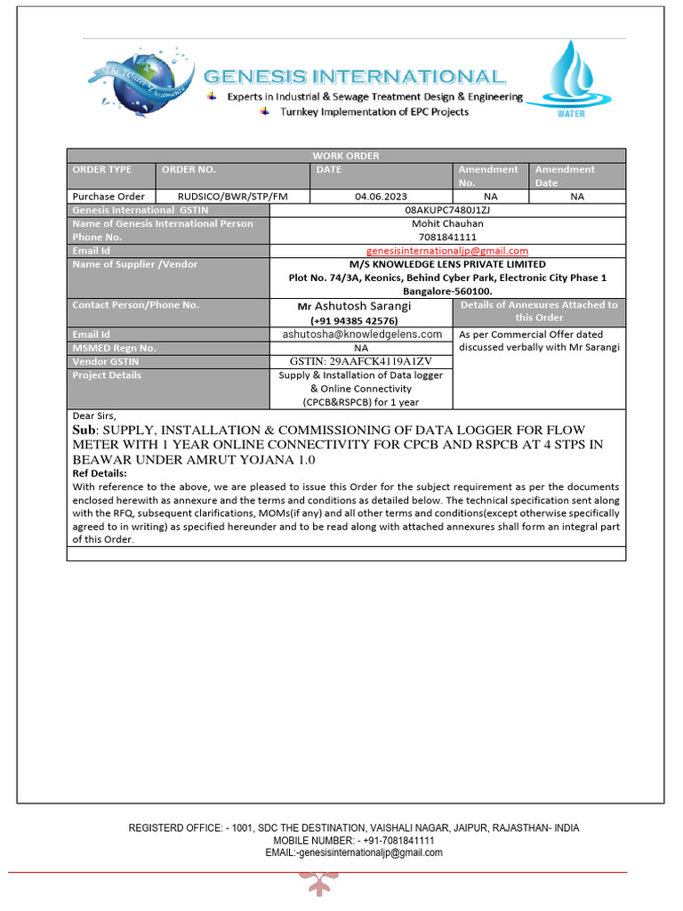 PO For Knowledge Lens Data Logger Flow Meter Beawar | PDF | Business | Economies