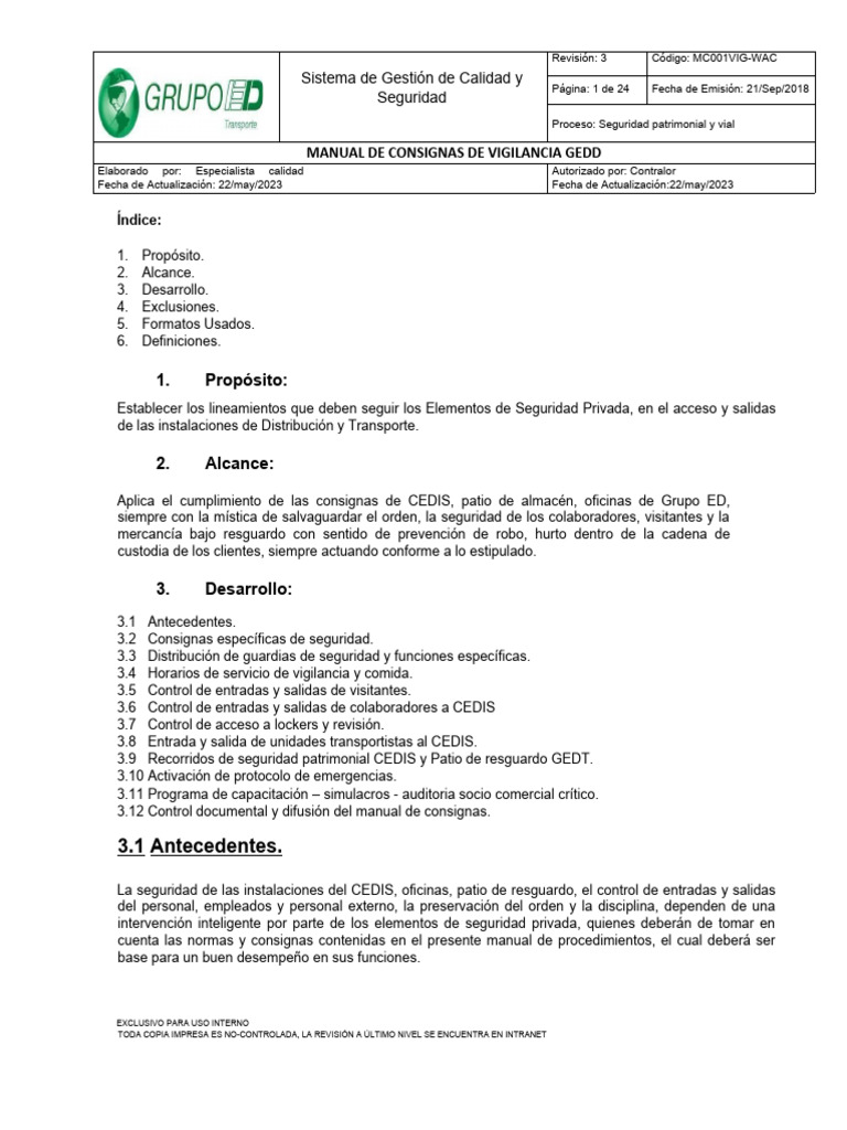 Manual de Consignas de Vigilancia GEDD 22-05-23 Revision | PDF ...