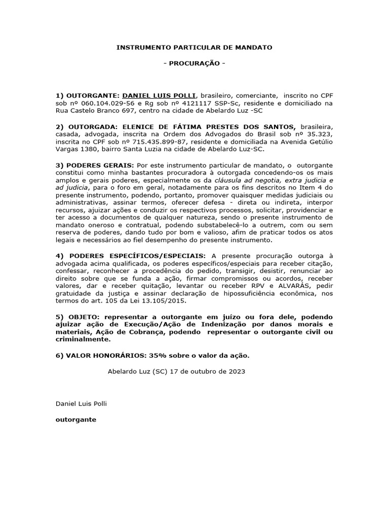 INSTRUMENTO PARTICULAR DE MANDATO Dani Polli | PDF