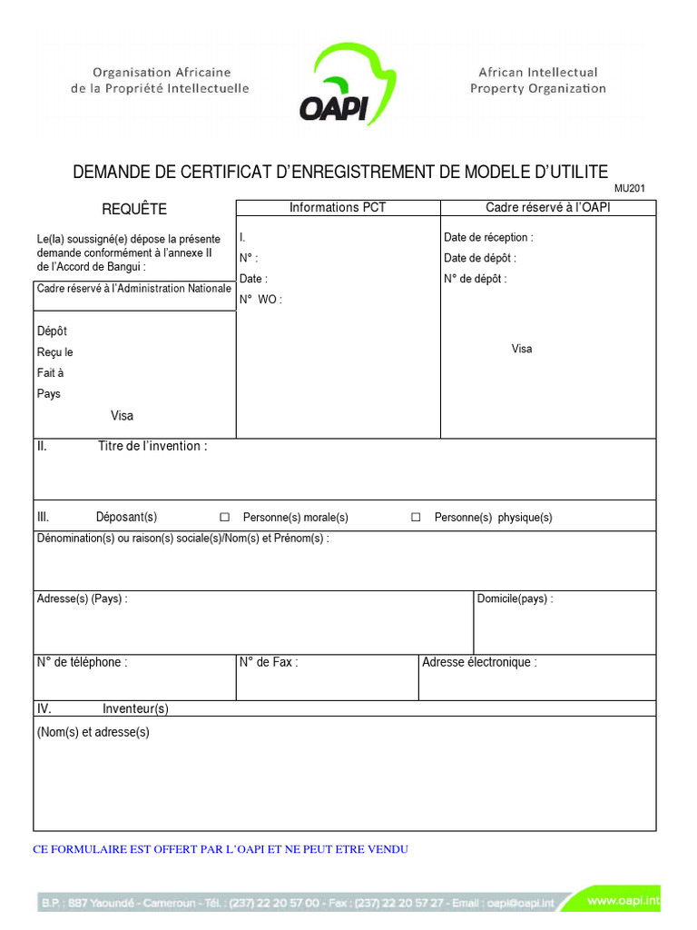 OAPI 201MU Modeles Certificat Denregistrement Modele Dutilite | PDF