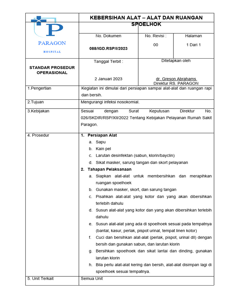Prosedur Kebersihan Ruang Spoel Hoek | PDF | Griya & Taman | Kesehatan ...