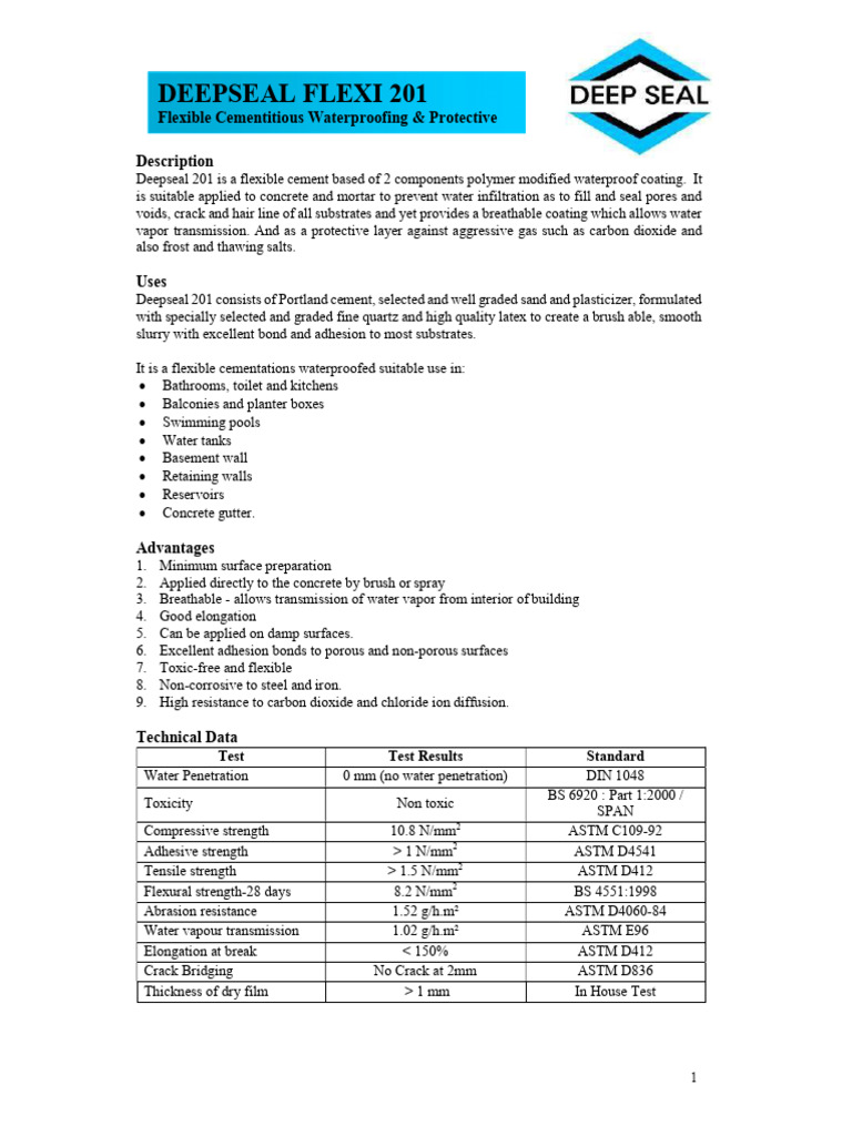 Deepseal 201 Specification | PDF | Concrete | Cement